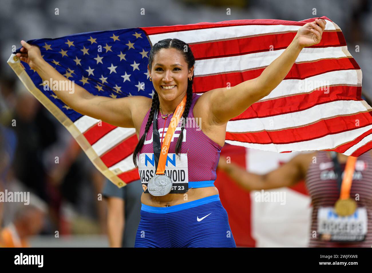 Janee' KASSANAVOID celebrating his medal with the flag in the Budapest ...