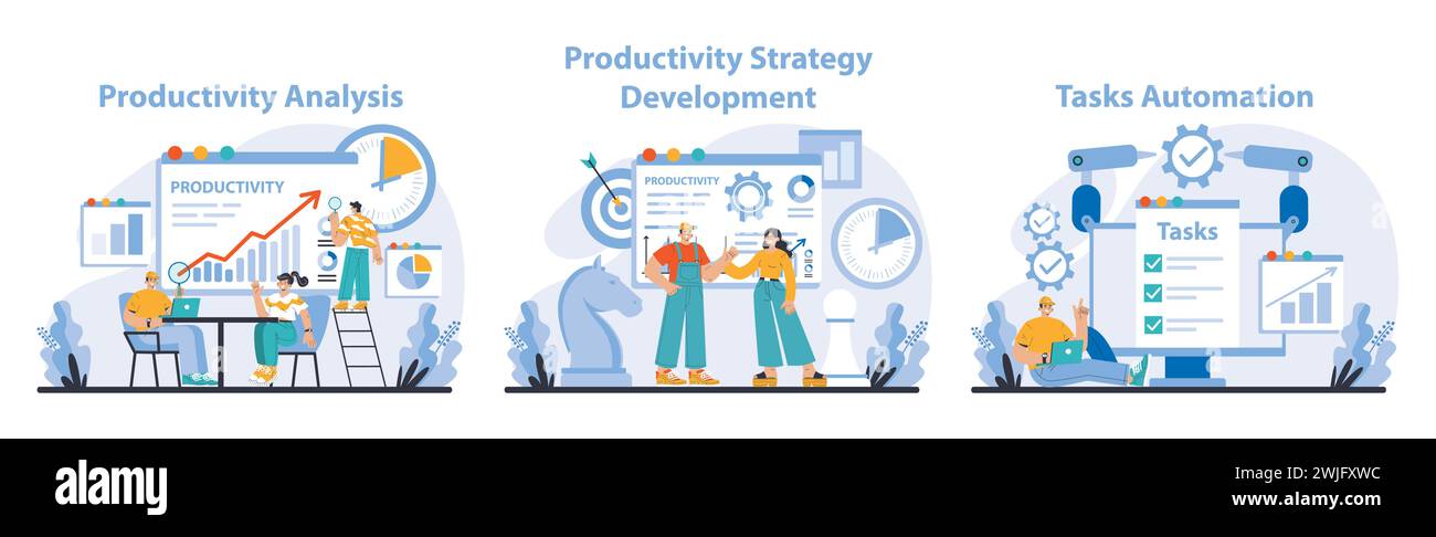 Productivity boosting set. Visual guide to increasing efficiency ... Productivity boosting set. Visual guide to increasing efficiency ...