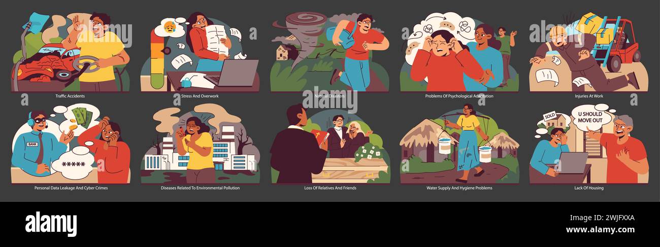 Social issues set. Diverse personal and environmental challenges ...