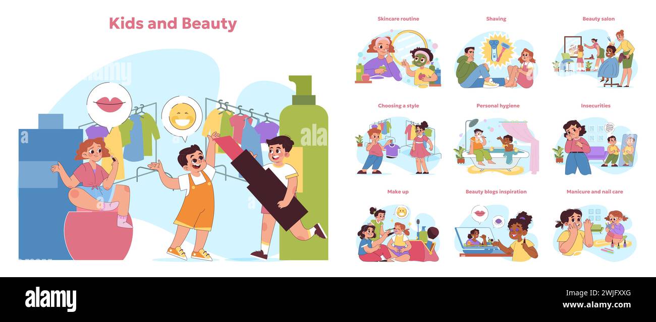 Kids and beauty concept set. Children engaging in beauty routines ...