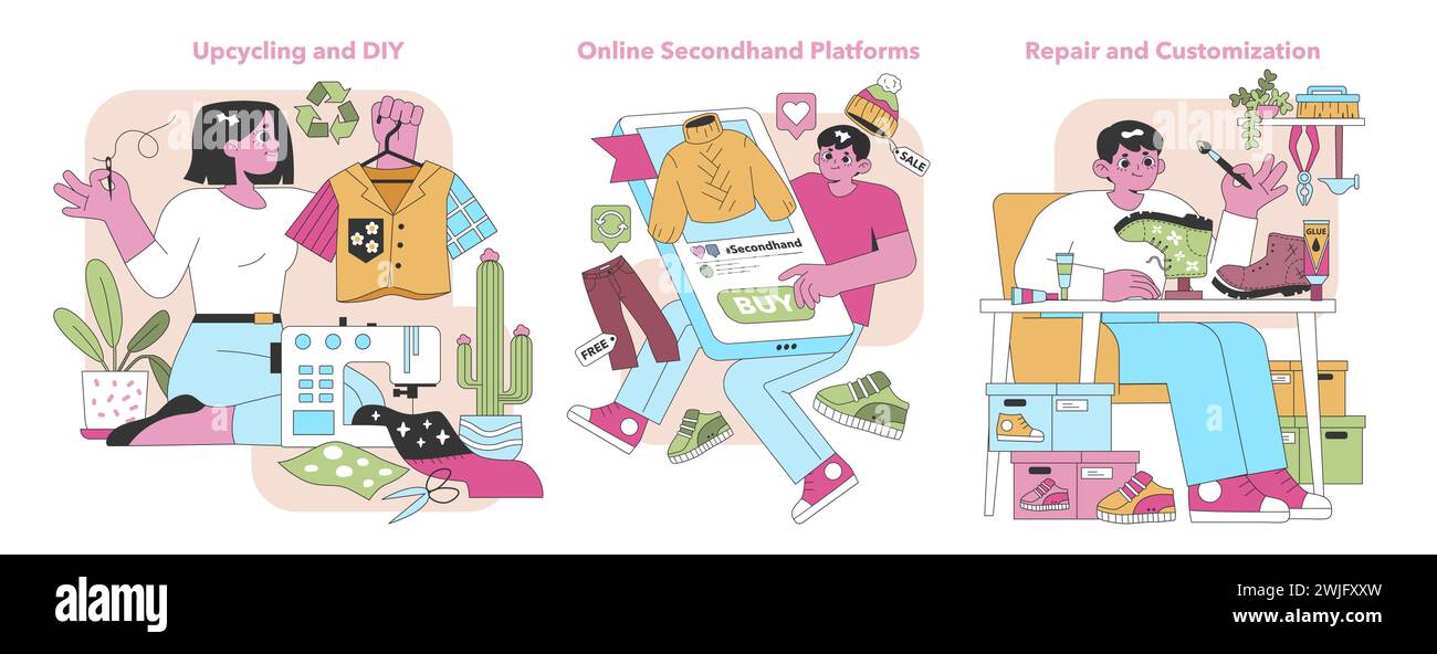 Creative reuse set. Enthusiasts engage in upcycling and DIY projects ...