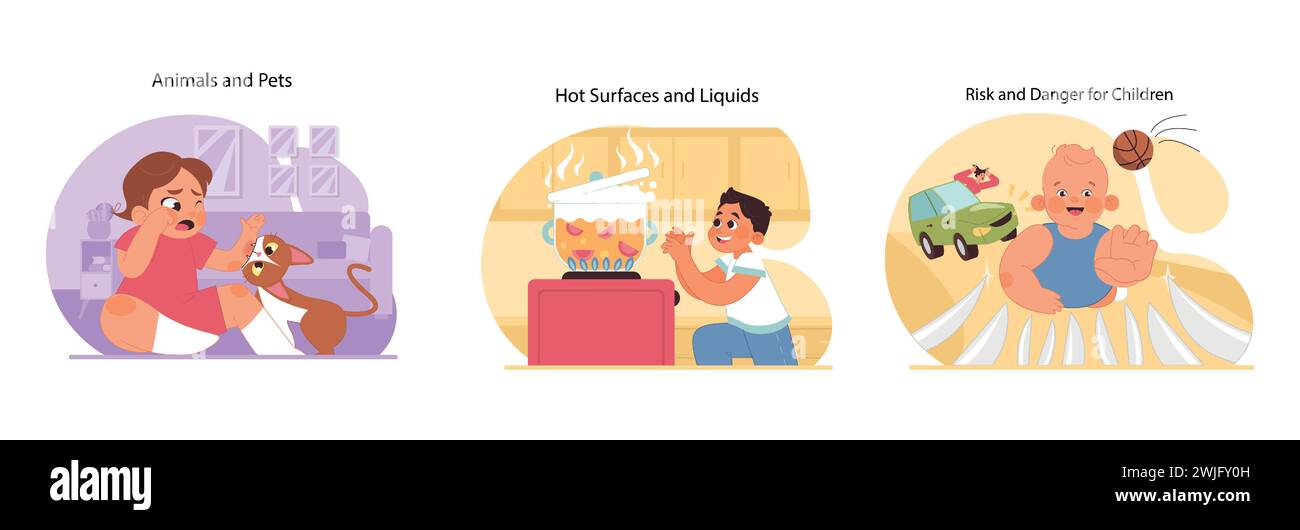 Child Safety set. Domestic hazards for kids with pets, hot objects, and ...