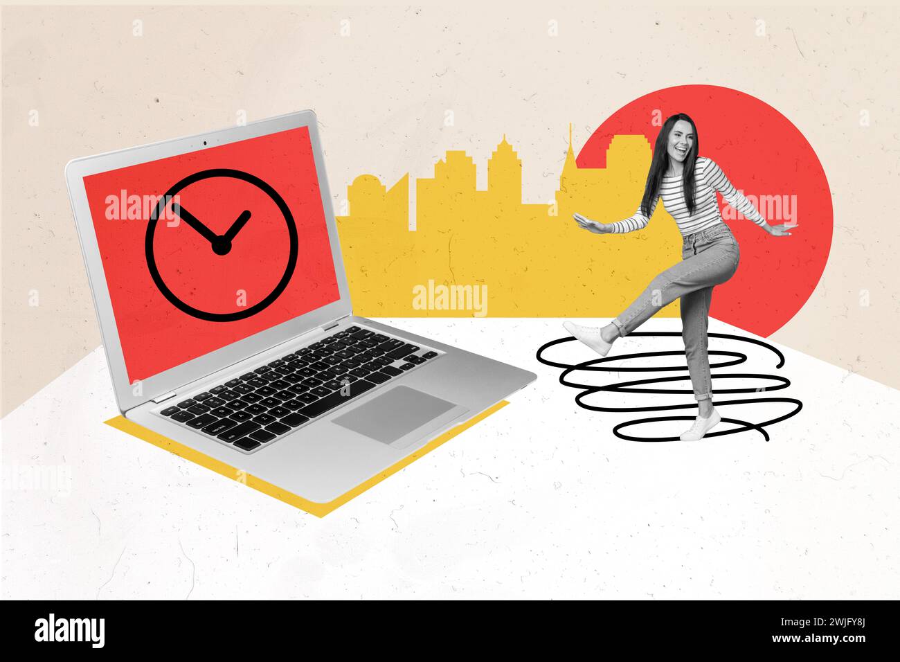 Collage photo of funky businesswoman dancing boogie woogie toward ...