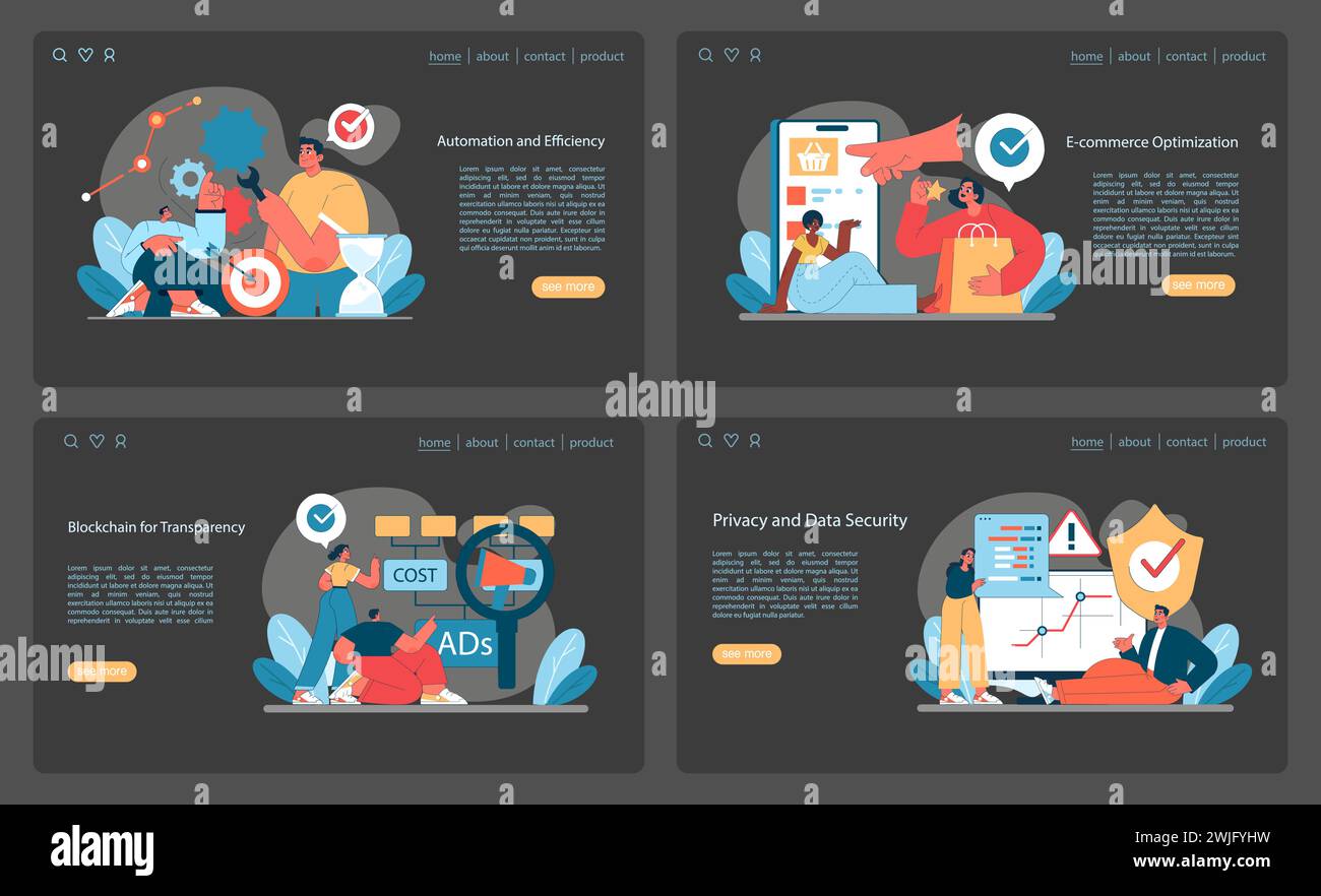 Web Interface set. Showcasing automation, online shopping, blockchain ...
