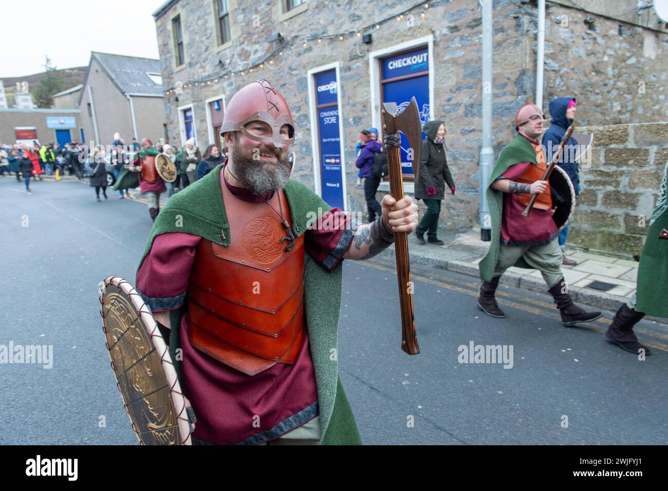 2024 Guizer Jarl John Robert leads his squad through Shetland town ...