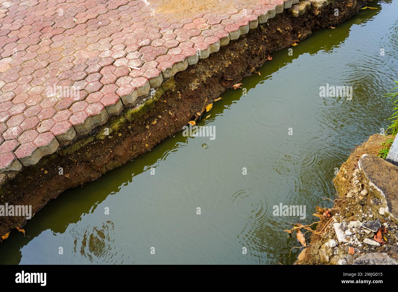The erosion and reshaping of brick blocks along the edge of a ...