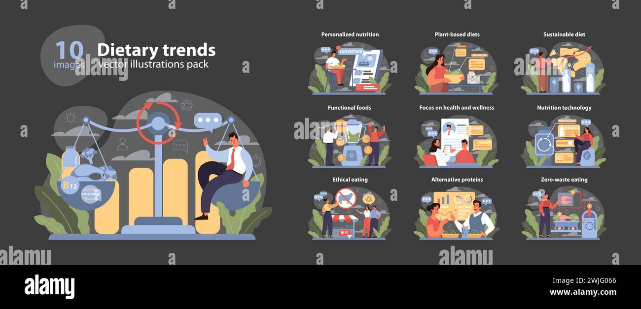 Dietary Trends Vector Illustrations Pack. A contemporary depiction of ...