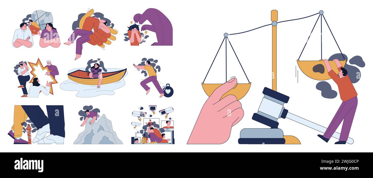 Human fears set. Scared characters confronting personal inadequacies ...