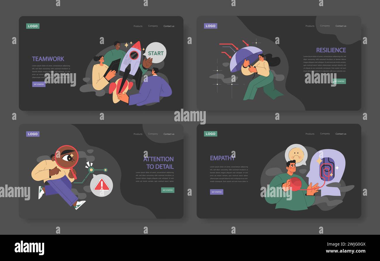 Soft skills web banner set. Focused on teamwork, resilience, attention ...