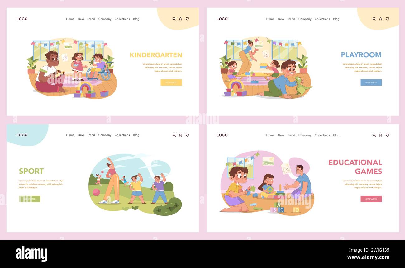 Kindergarten activities set. Outdoor play, creative playroom, and ...