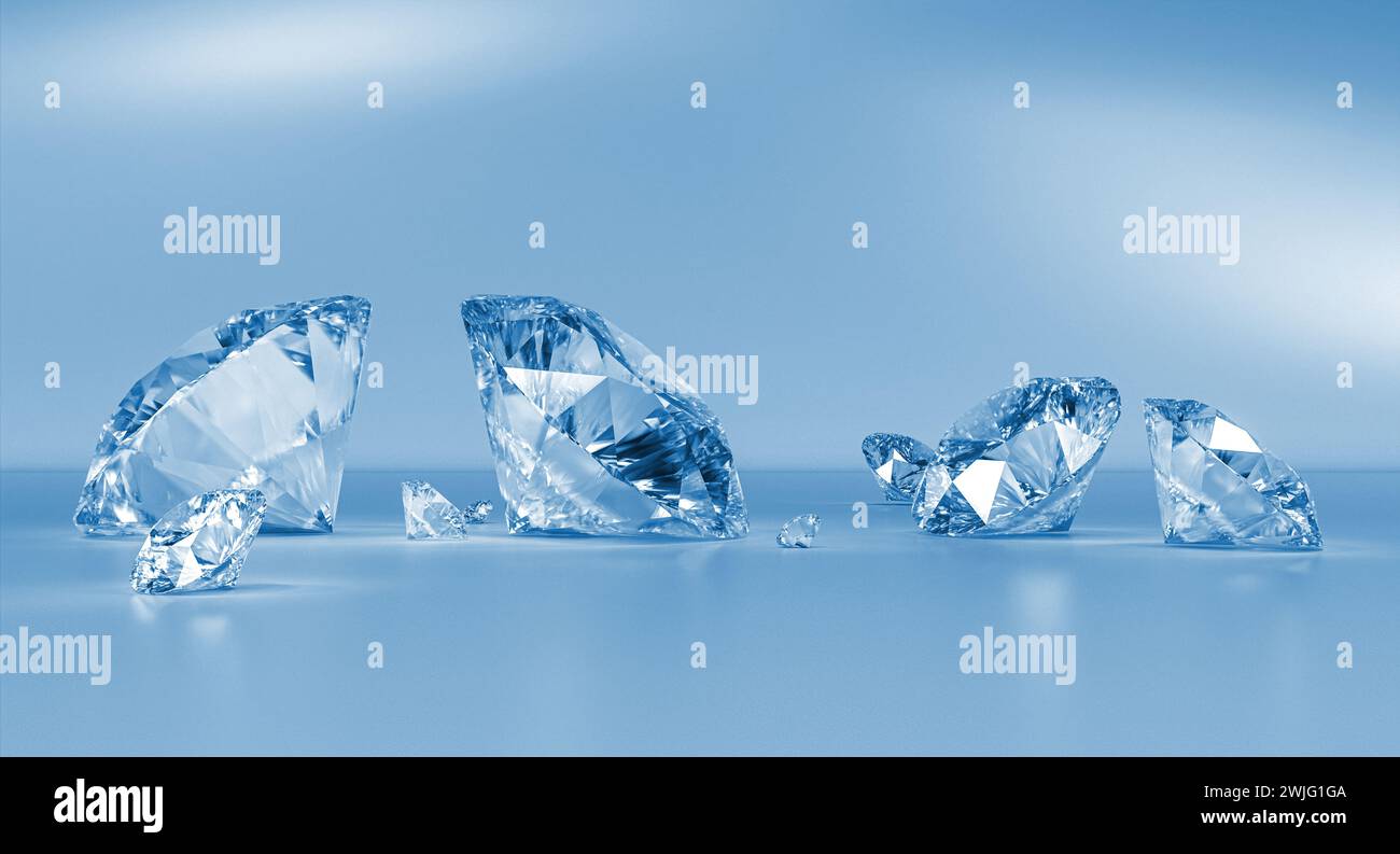 classic-cut diamonds on a blue background. 3d render illustration ...