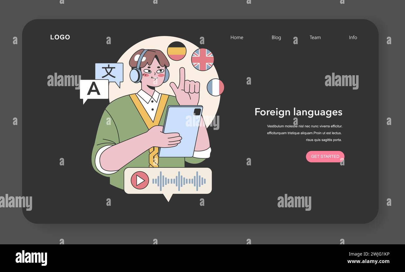 Foreign Languages acquisition concept. Energetic student engaging in multilingual education ...