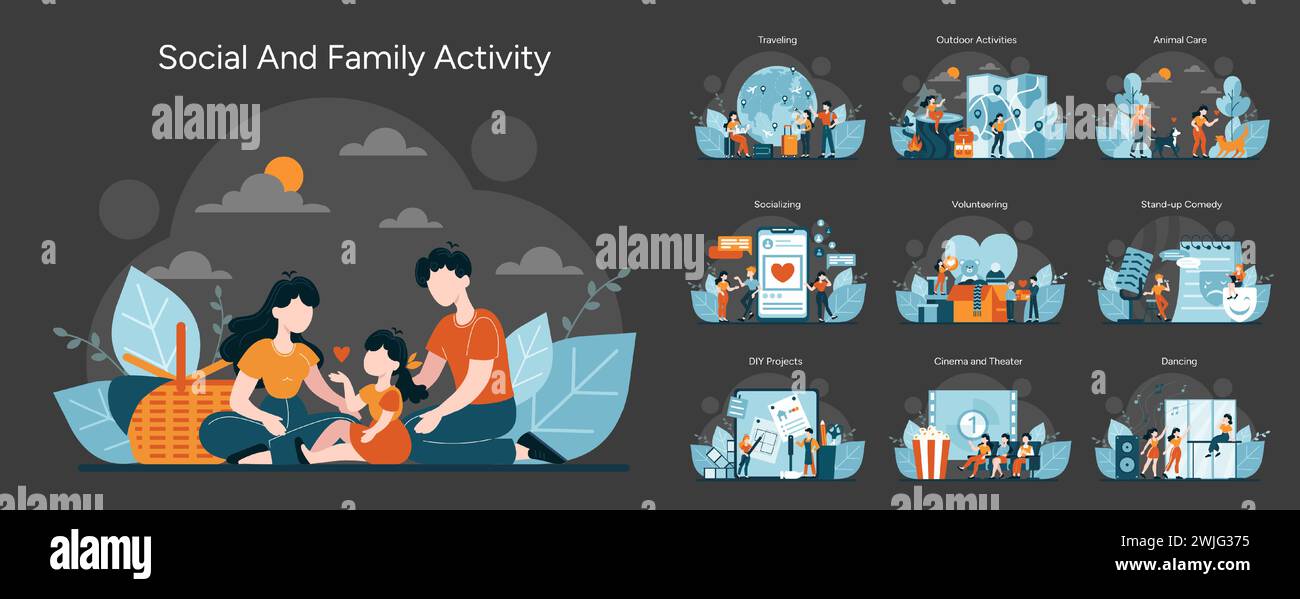 Social and Family Activity set. Bonding moments and shared experiences ...