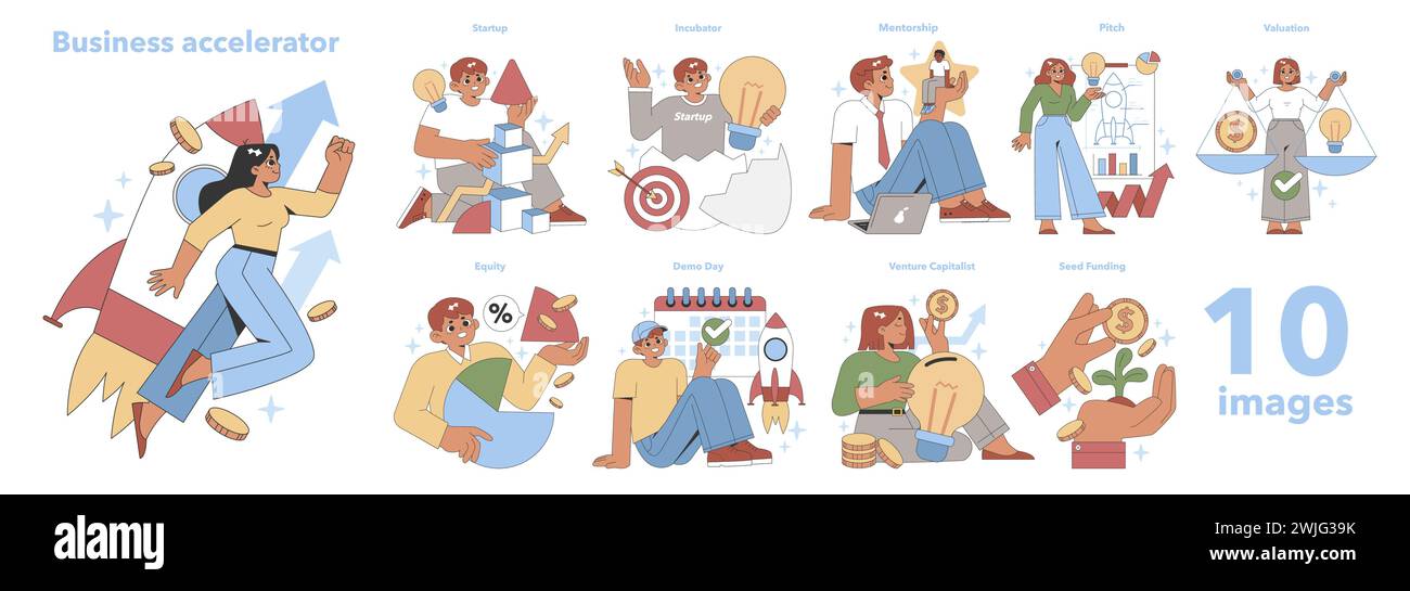 Business Accelerator set. Dynamic visuals of startup growth stages ...