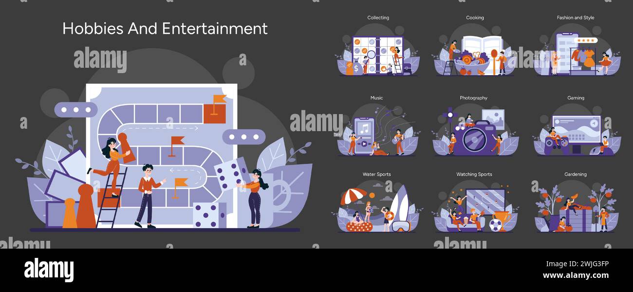 Hobbies set. Everyday leisure activities and passions showcased in ...