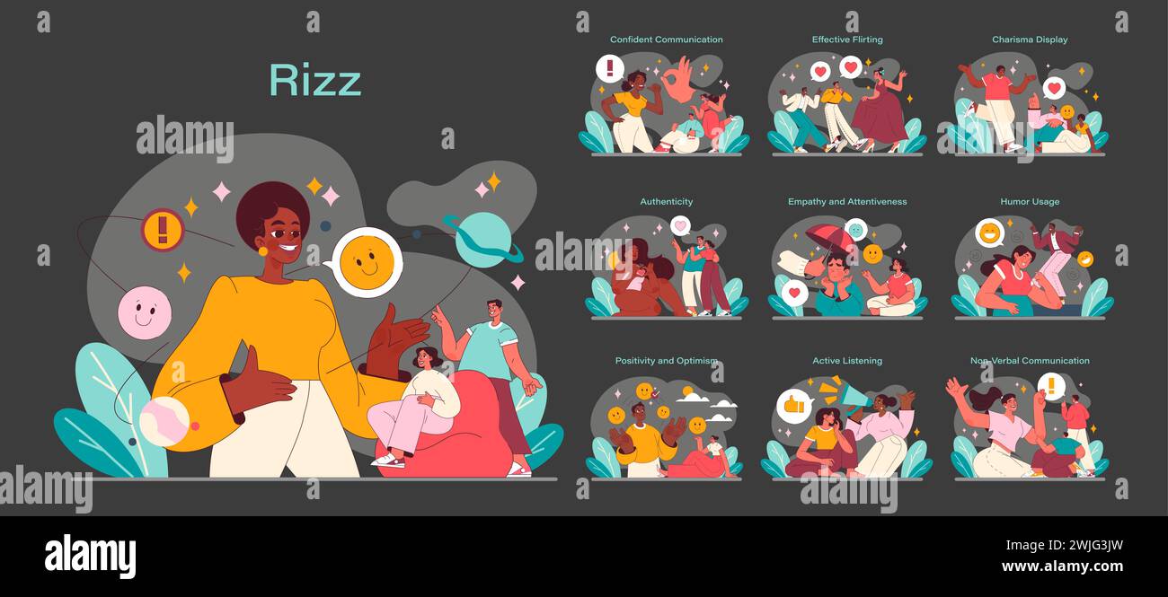 Rizz concept set. Expressive scenes of social interaction self ...