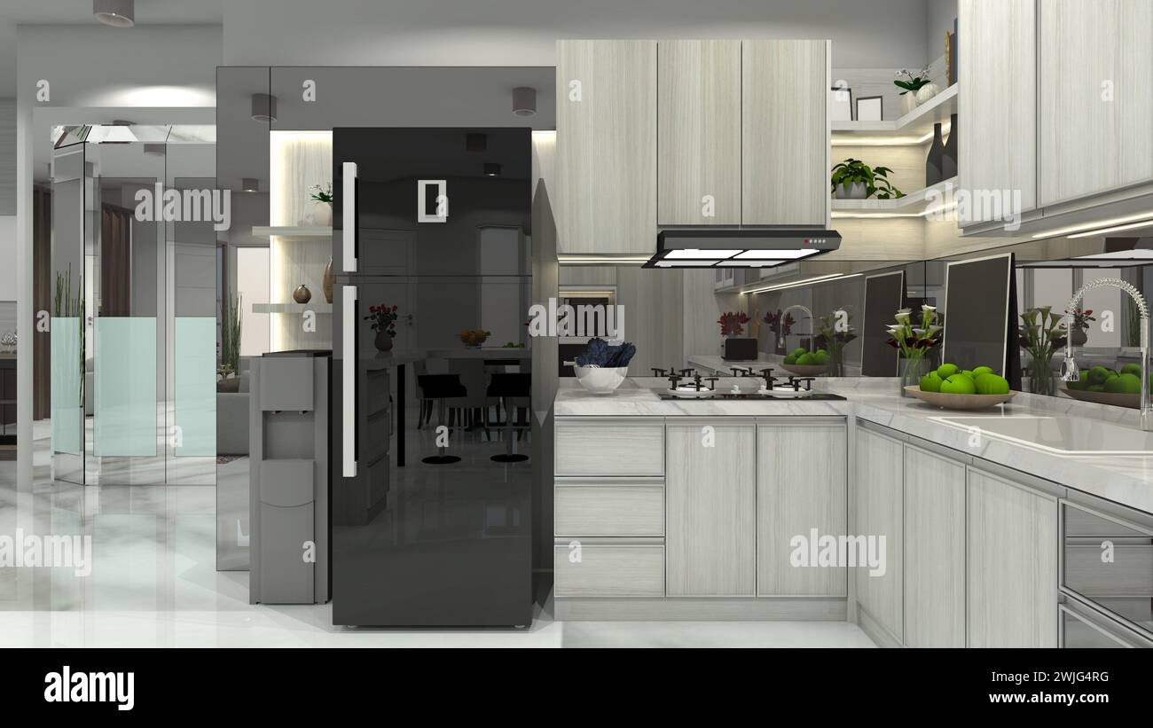 Modern Kitchen Cabinet with Stove, Sink and Refrigerator Corner Stock ...