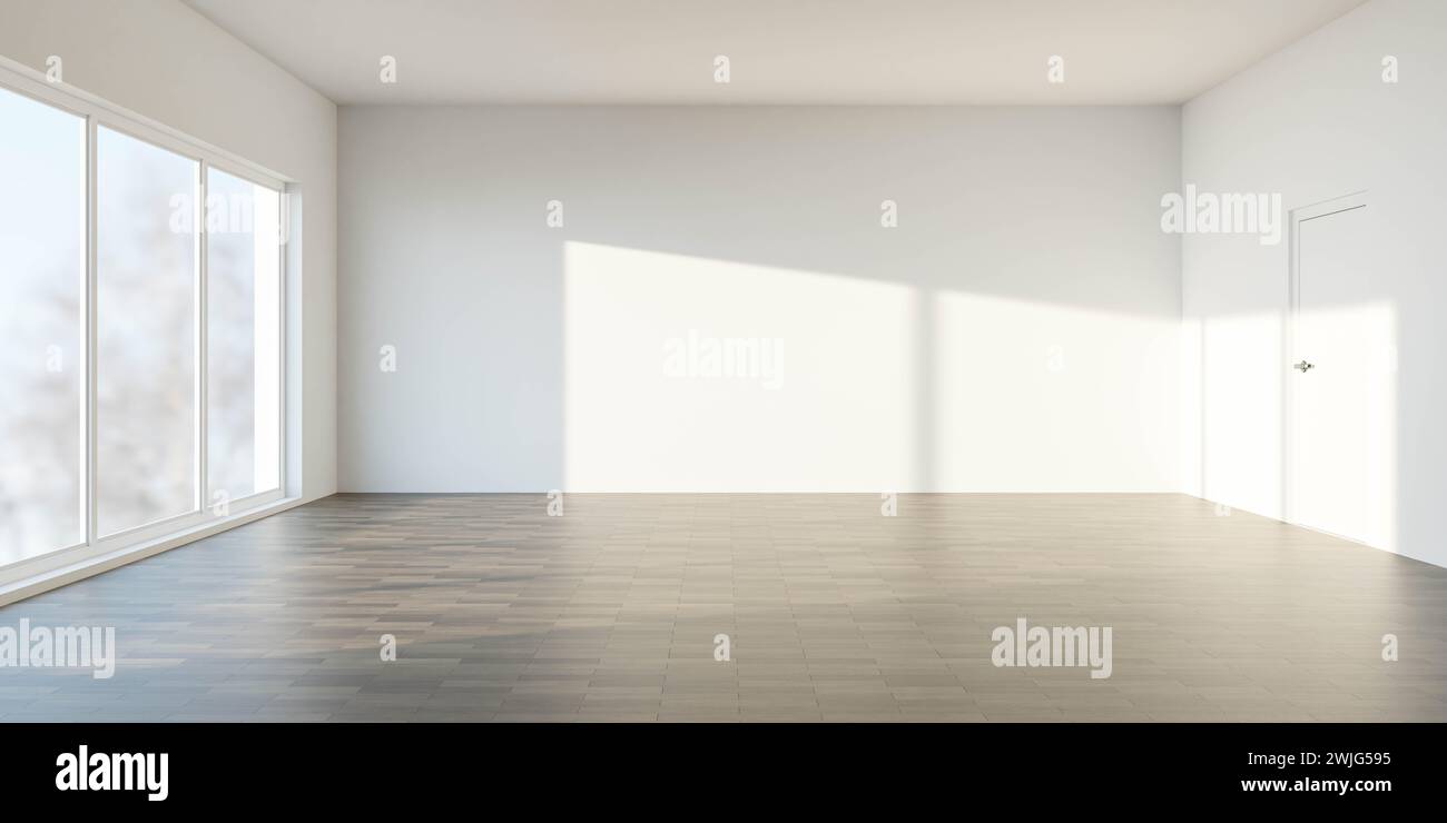 An Empty Room With Large Windows and a Door 3d render illustration ...
