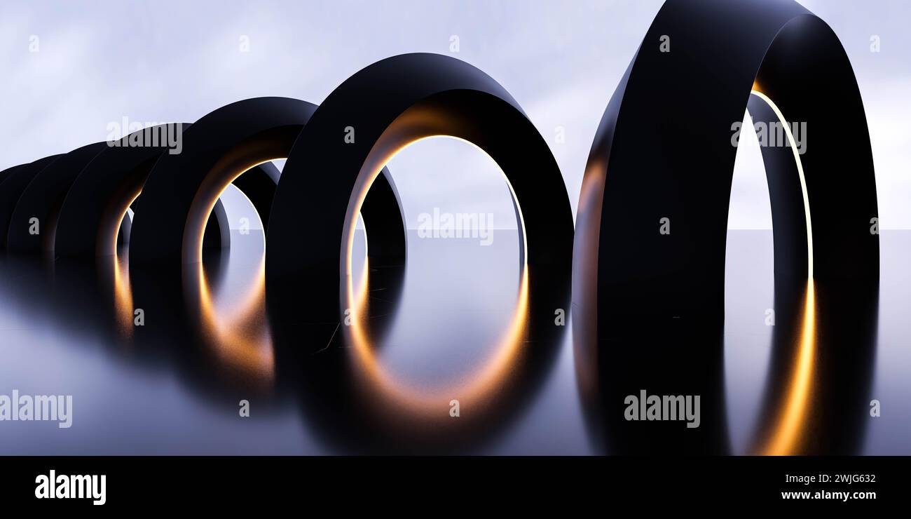 Row of Black Rings Standing on a Reflective Surface in Dim Light 3d ...