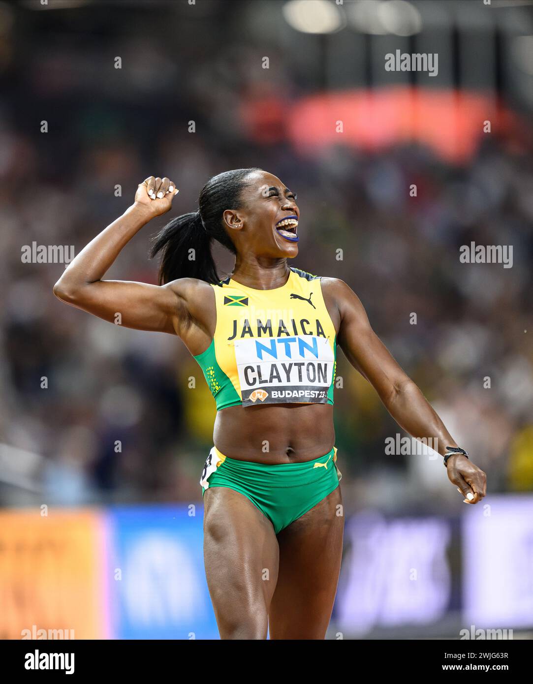 Rushell CLAYTON celebrating his medal with the flag in the Budapest ...