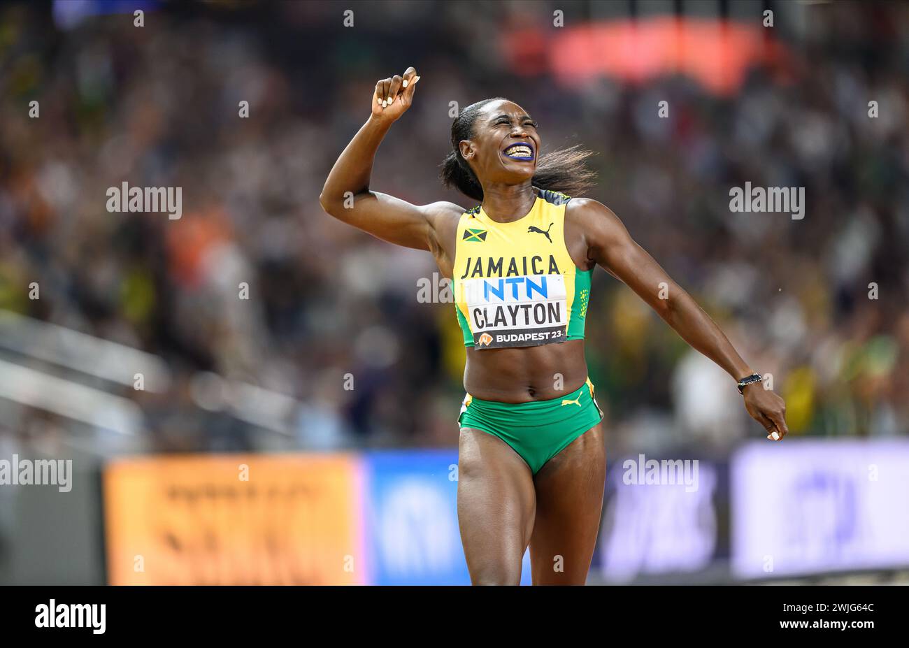 Rushell CLAYTON celebrating his medal with the flag in the Budapest 2023 World Athletics ...