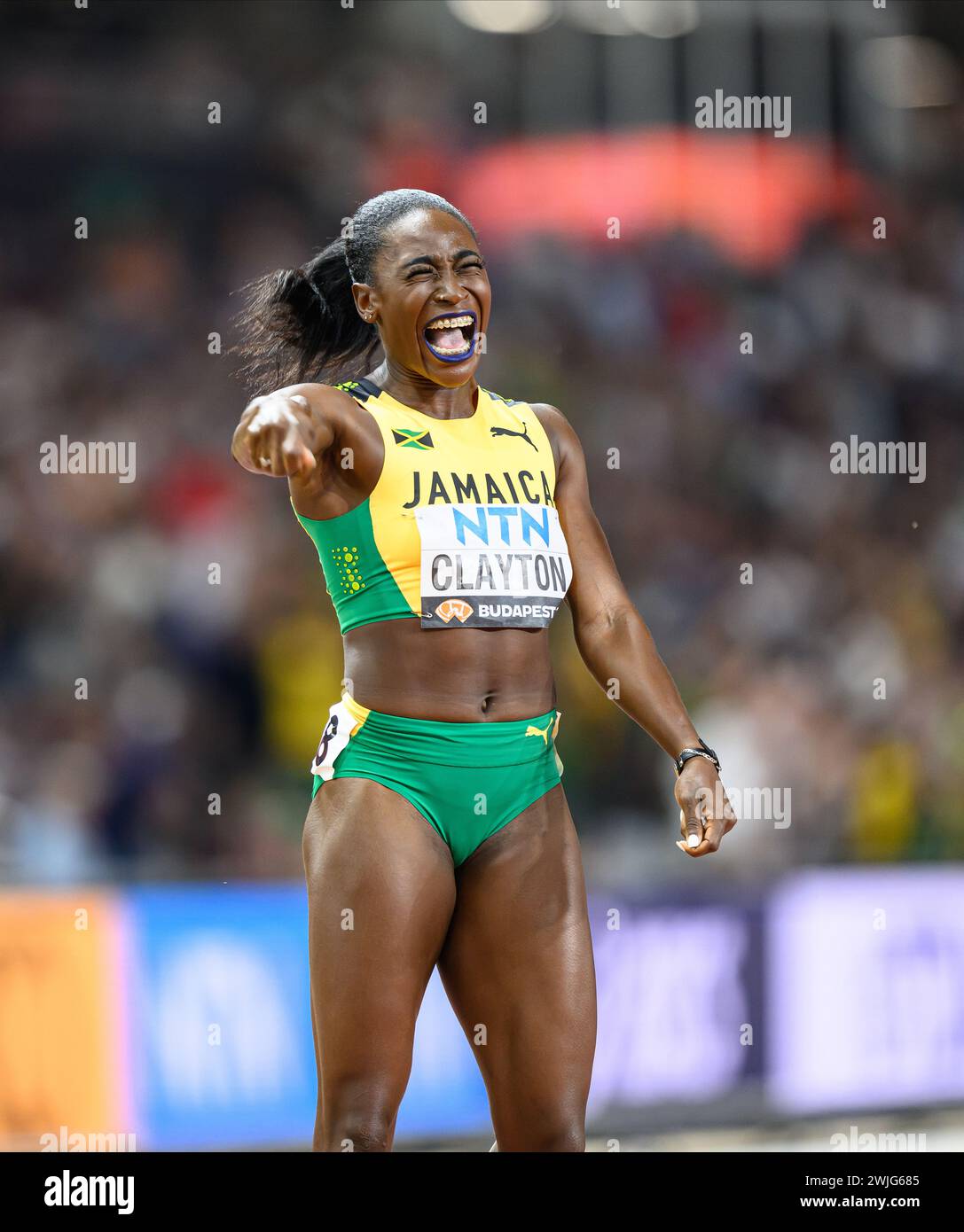 Rushell CLAYTON celebrating his medal with the flag in the Budapest 2023 World Athletics ...