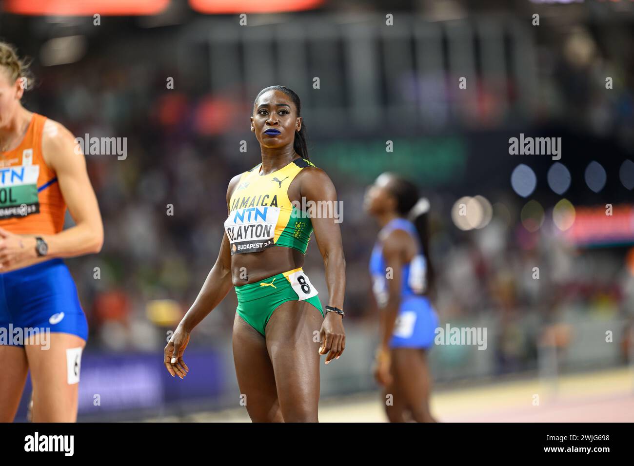 Rushell CLAYTON celebrating his medal with the flag in the Budapest ...