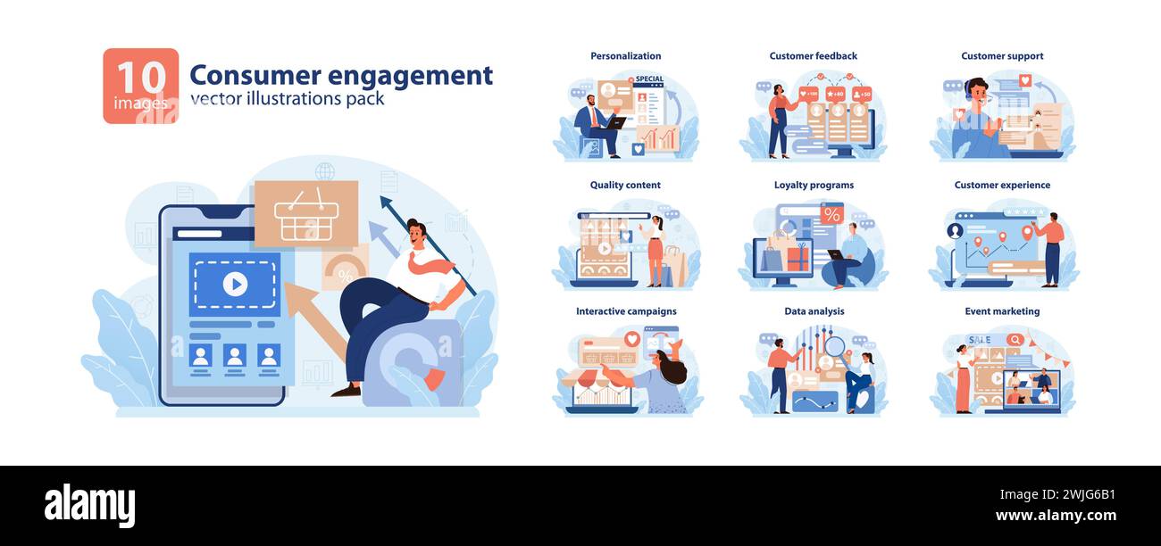 Consumer Engagement Vector Illustrations set. A collection showcasing ...