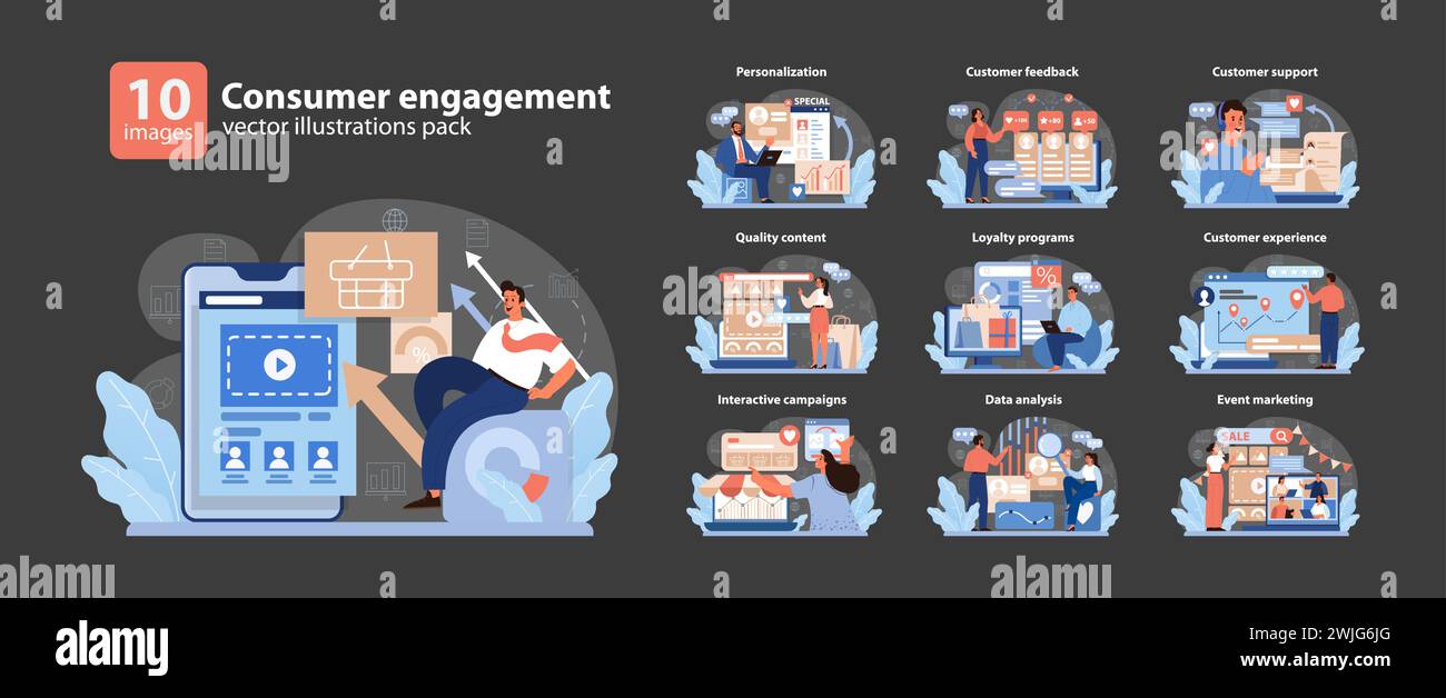 Consumer Engagement Vector Illustrations set. A collection showcasing ...