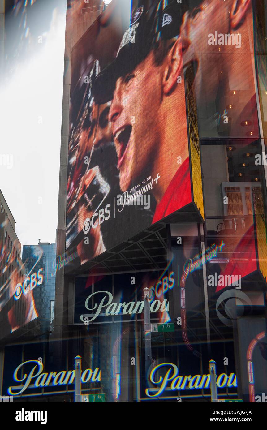 A video screen promotes the Super Bowl game on the Paramount ...