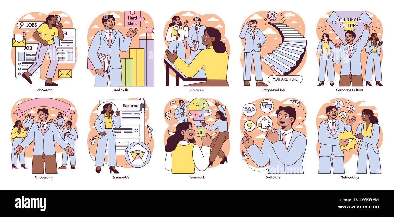 First Job set. Career start and workplace integration process. Job ...