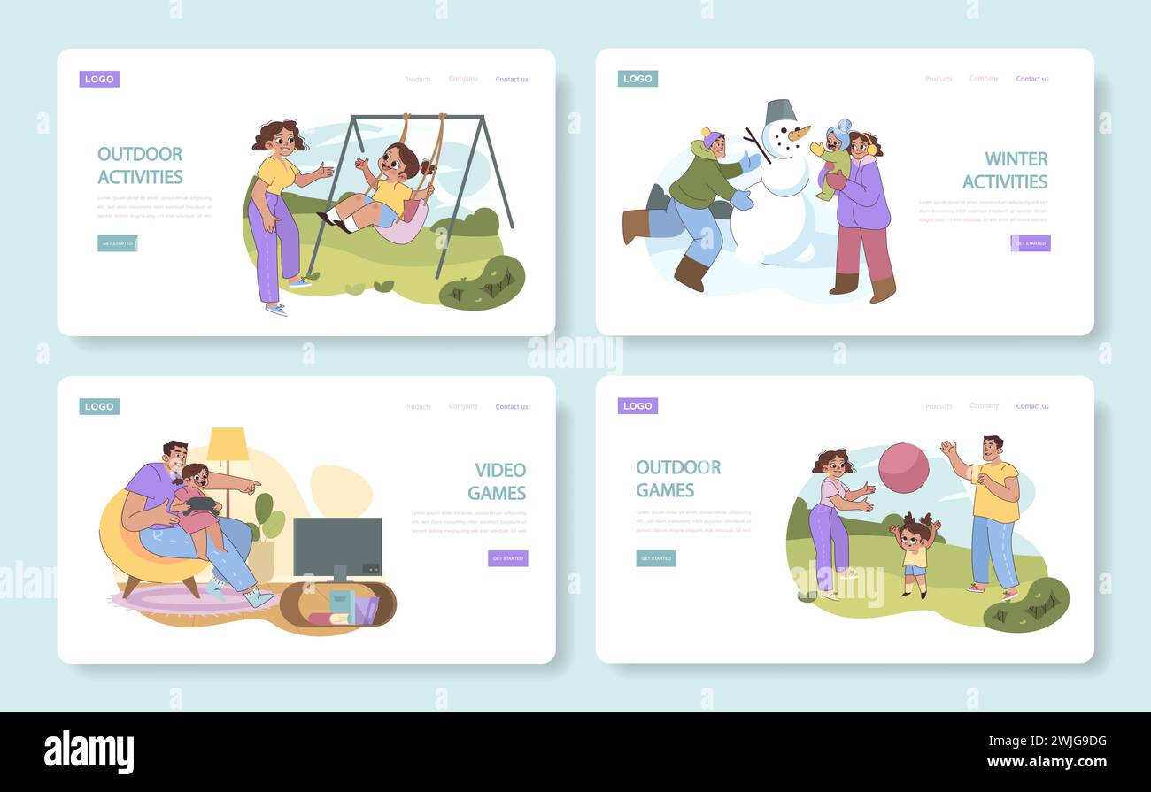 Dynamic family activities set. Experiencing joy in swings, snowman ...