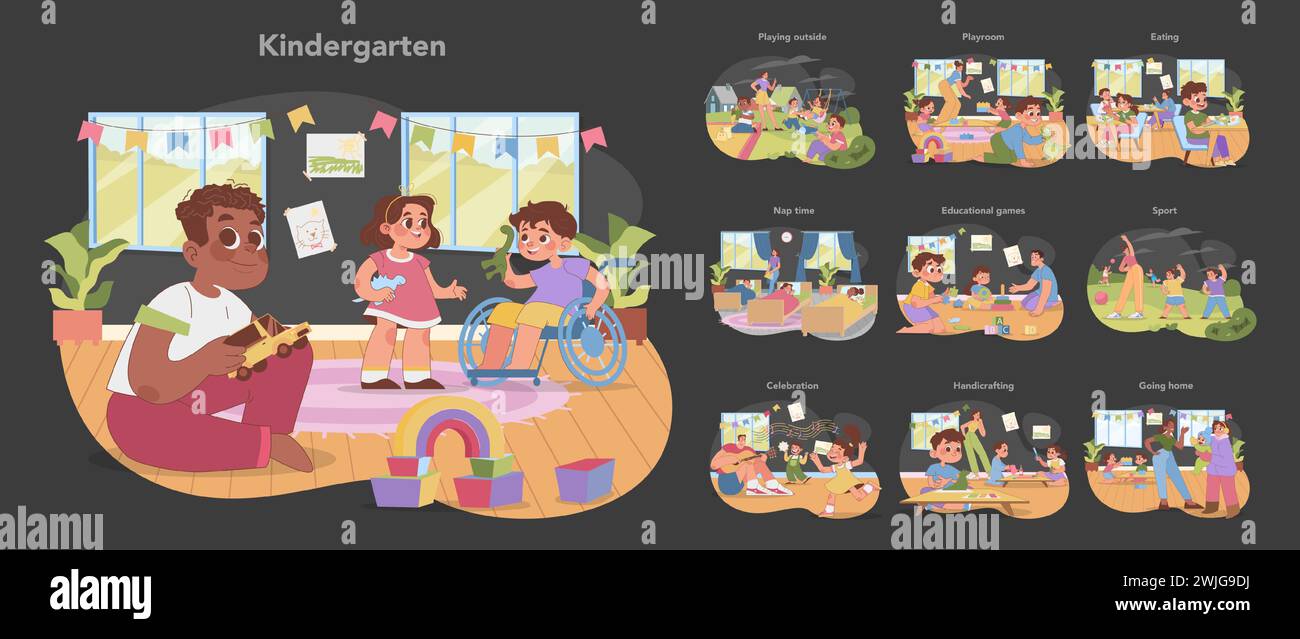 Kindergarten set. Daily activities from learning to play, nap time to ...