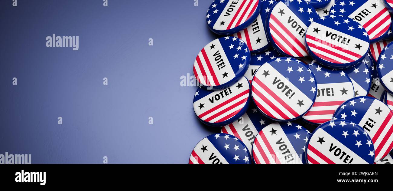 Badges with the text "Vote!" and parts of the American Flag on a heap ...