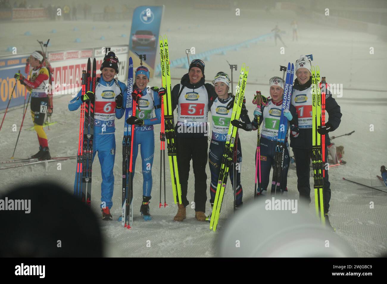 L-R The second placed Tommaso Giacomel, Lisa Vittozzi (ITA), winners ...