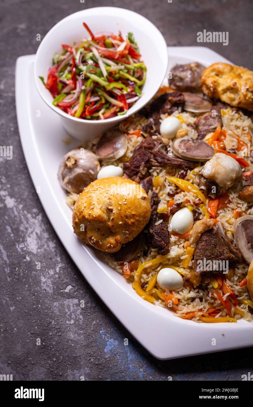 Mouthwatering image of Uzbek Plov dish with mutton, rice, carrots ...