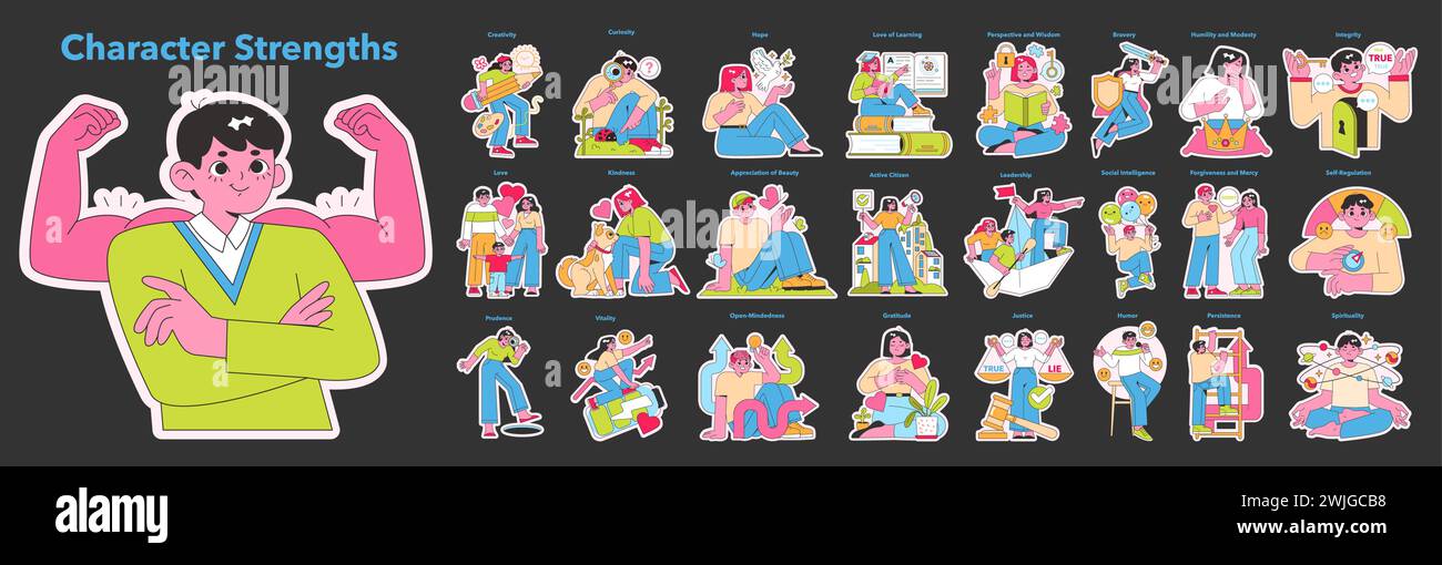 Character Strengths set. Diverse individuals embodying virtues like ...