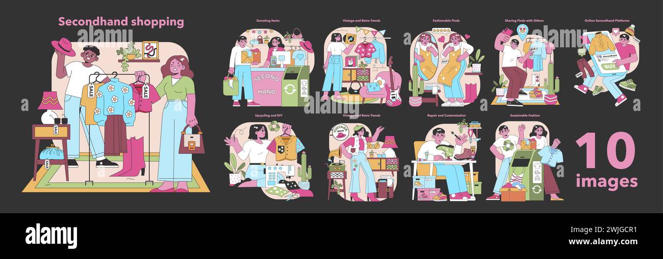 Secondhand shopping set. Thrifty consumers explore, donate, and upcycle ...