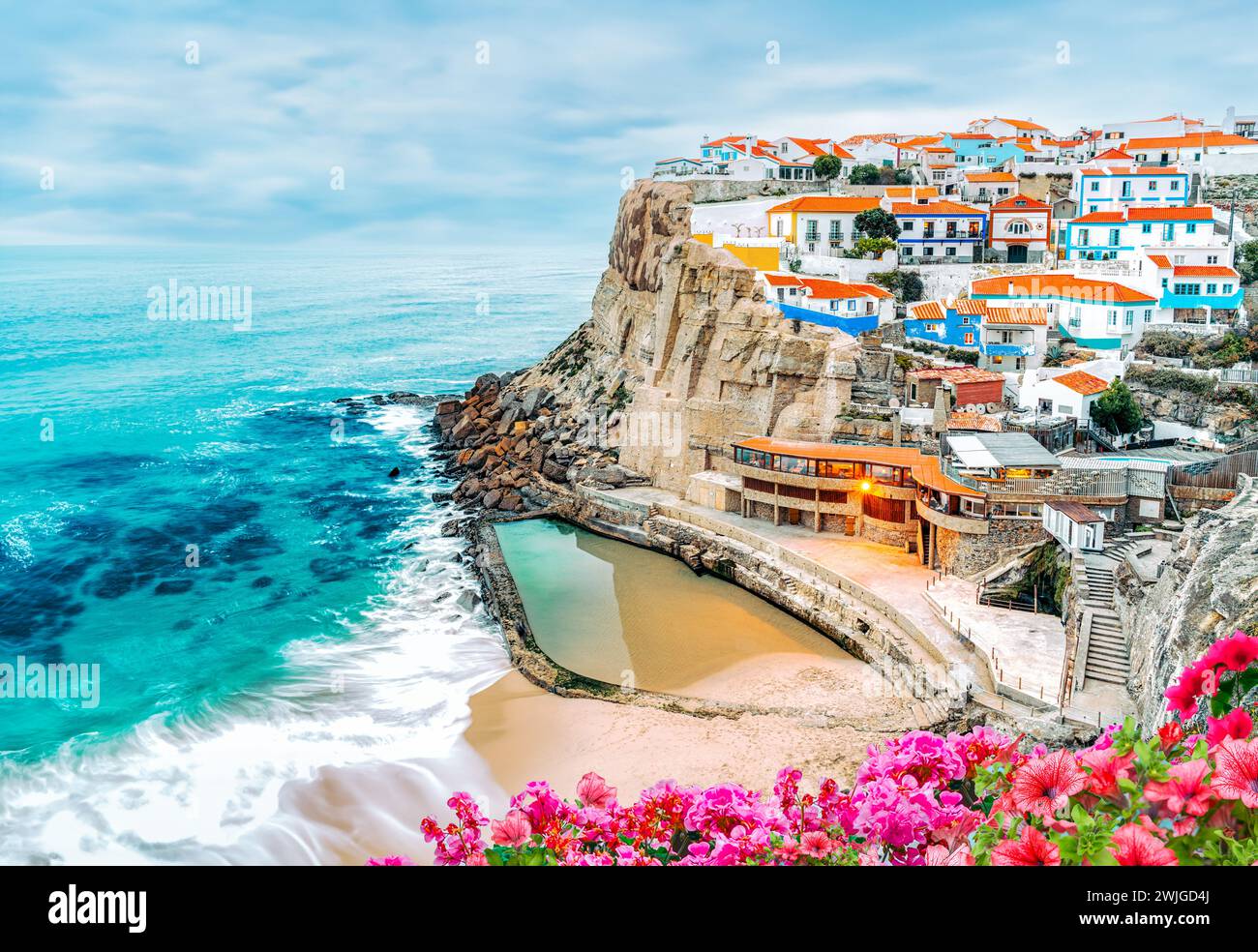 Azinheiras do Mar landscape, fishing village with colorful houses of ...