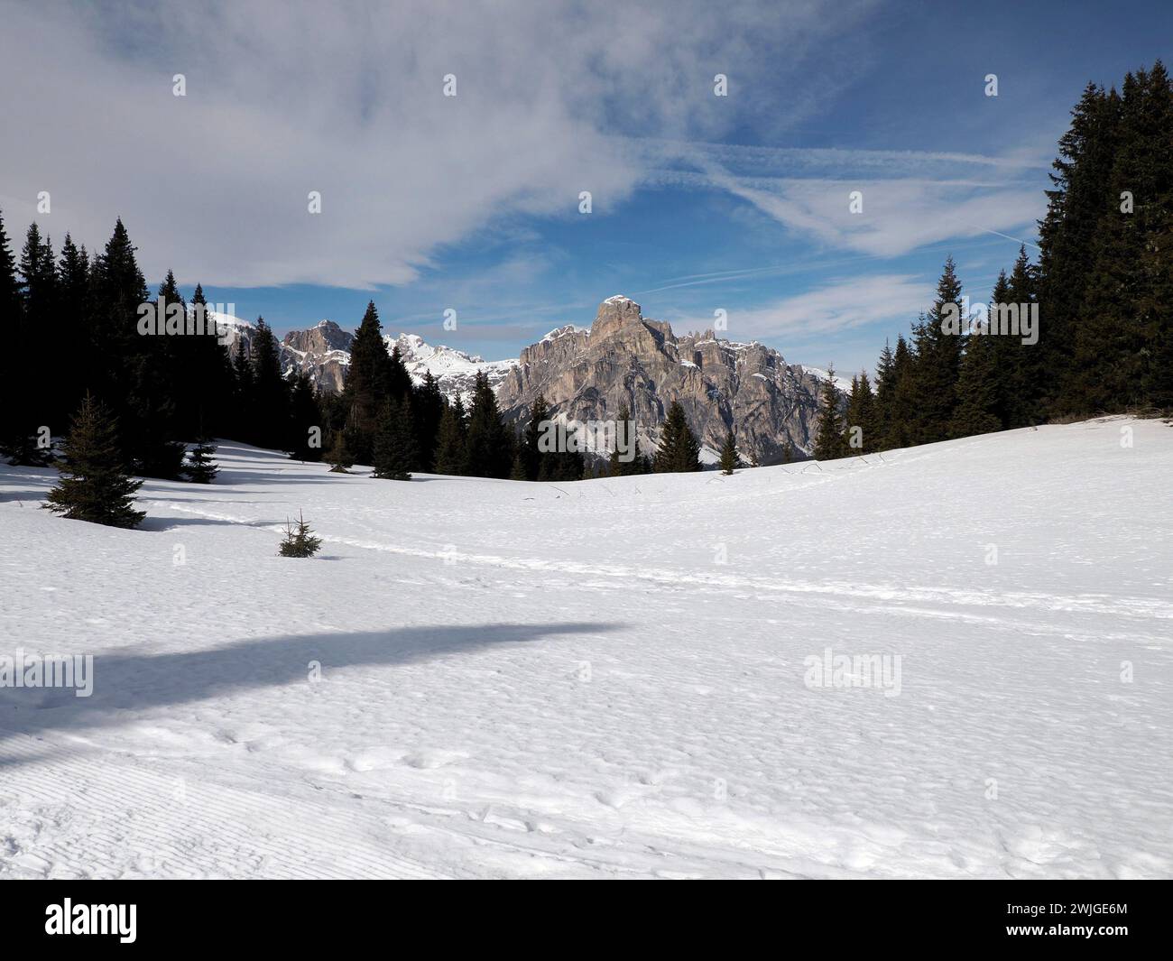 The sassongher mountain corvara dolomites badia valley winter panorama ...