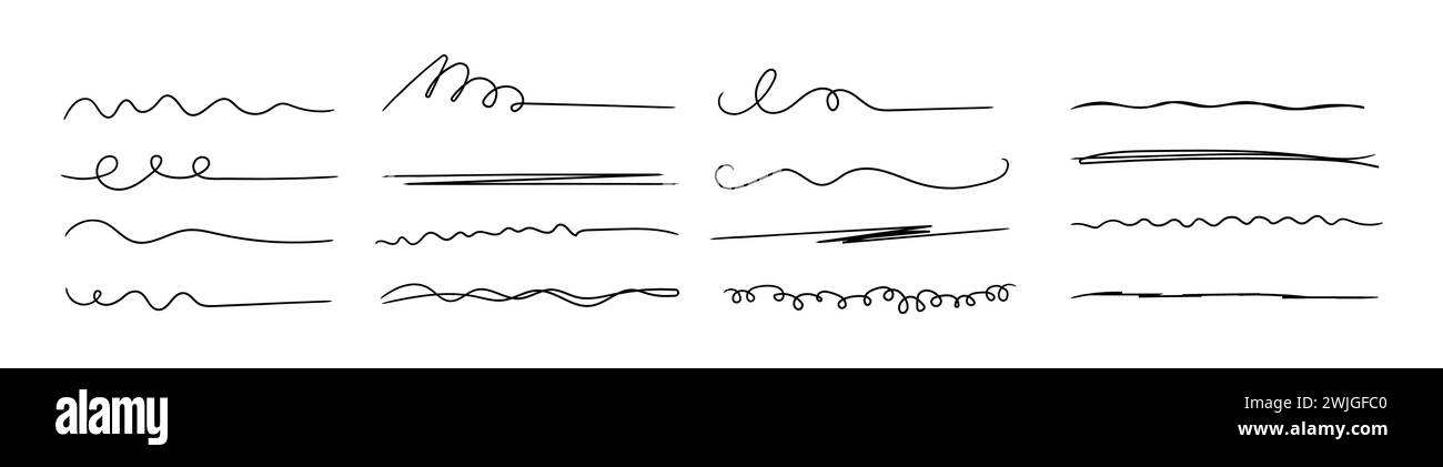 Strike through underlines set in doodles style. Brush stroke markers ...