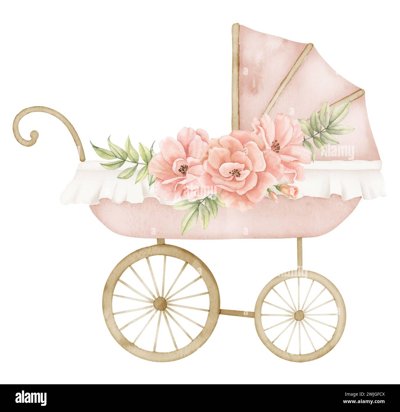Watercolor Baby Pram with rose flowers in vintage style. Retro kid ...