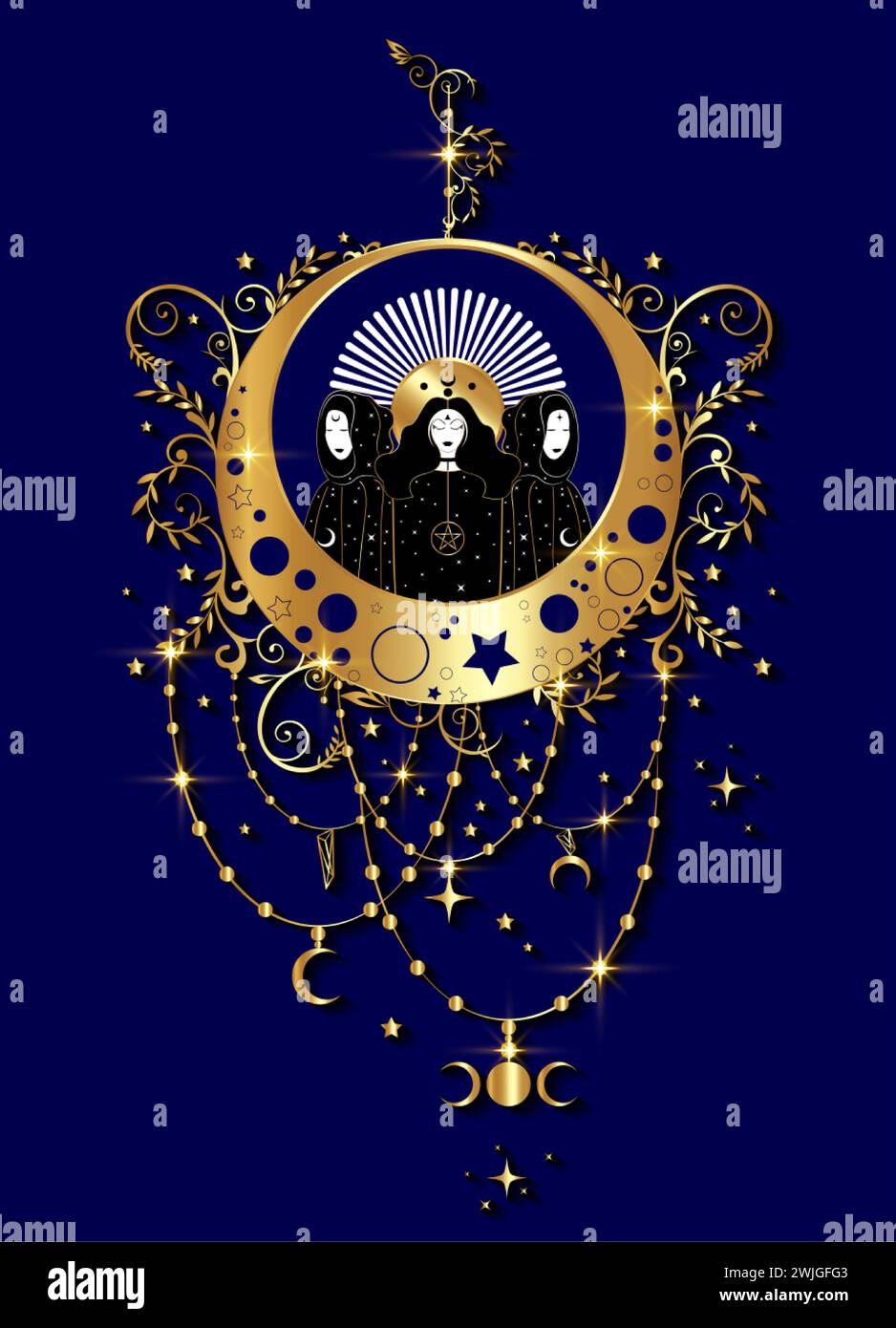 Mystical triple goddess, priestesses on magical crescent moon ...