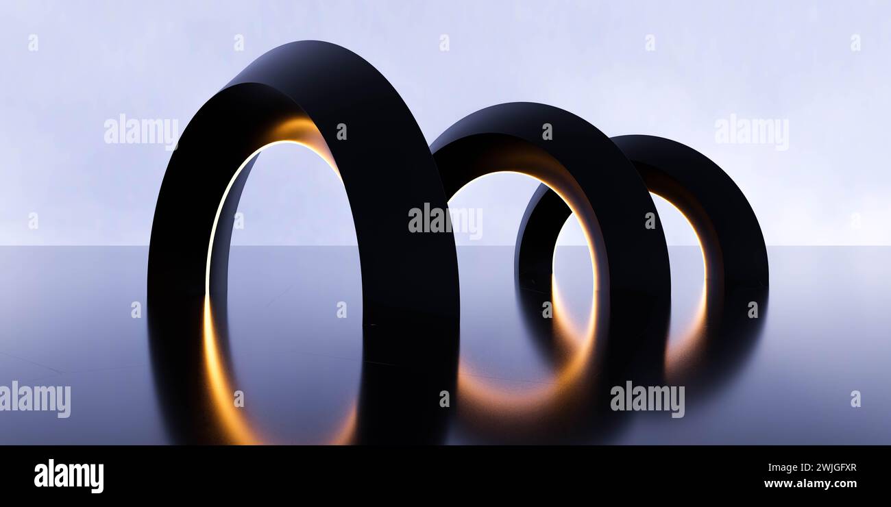 Three Black arches Standing Upright on Reflective Surface With Golden ...
