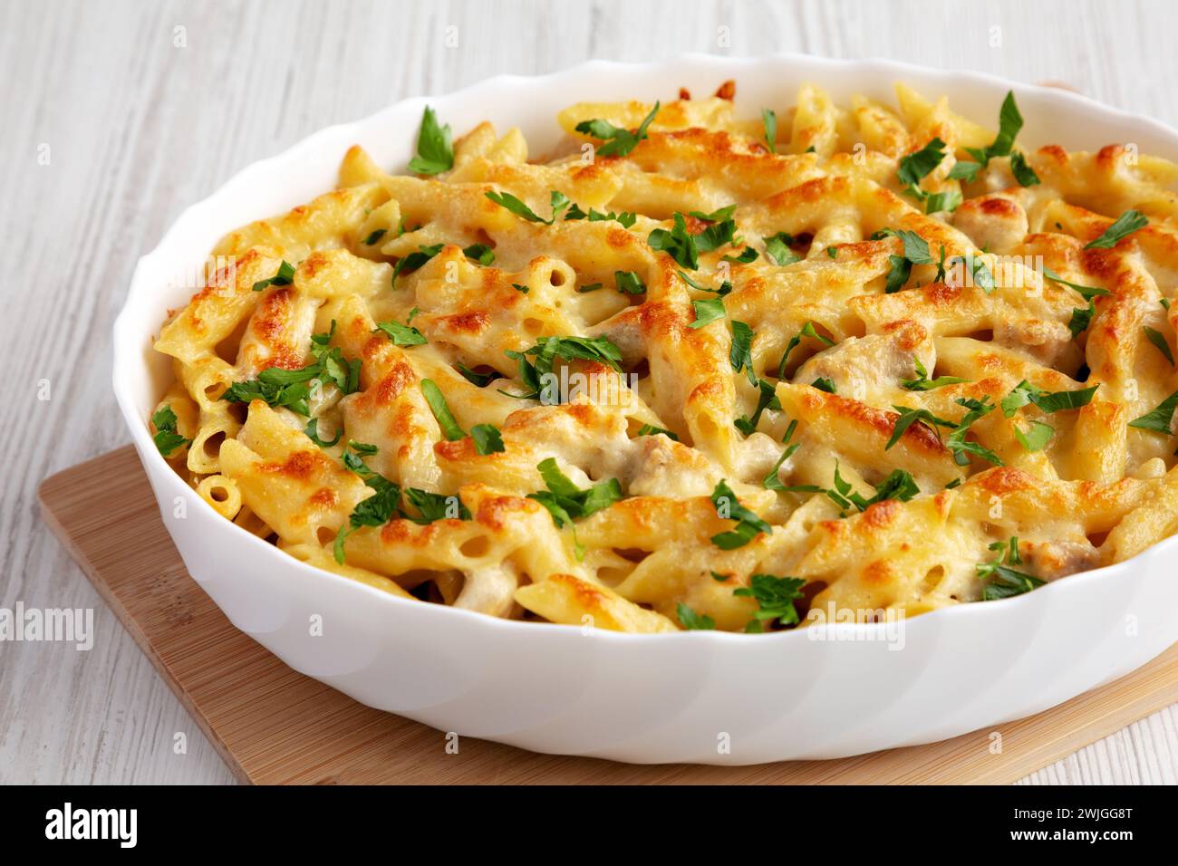 Homemade Cheesy Chicken Alfredo Pasta Bake in a Dish, side view Stock ...