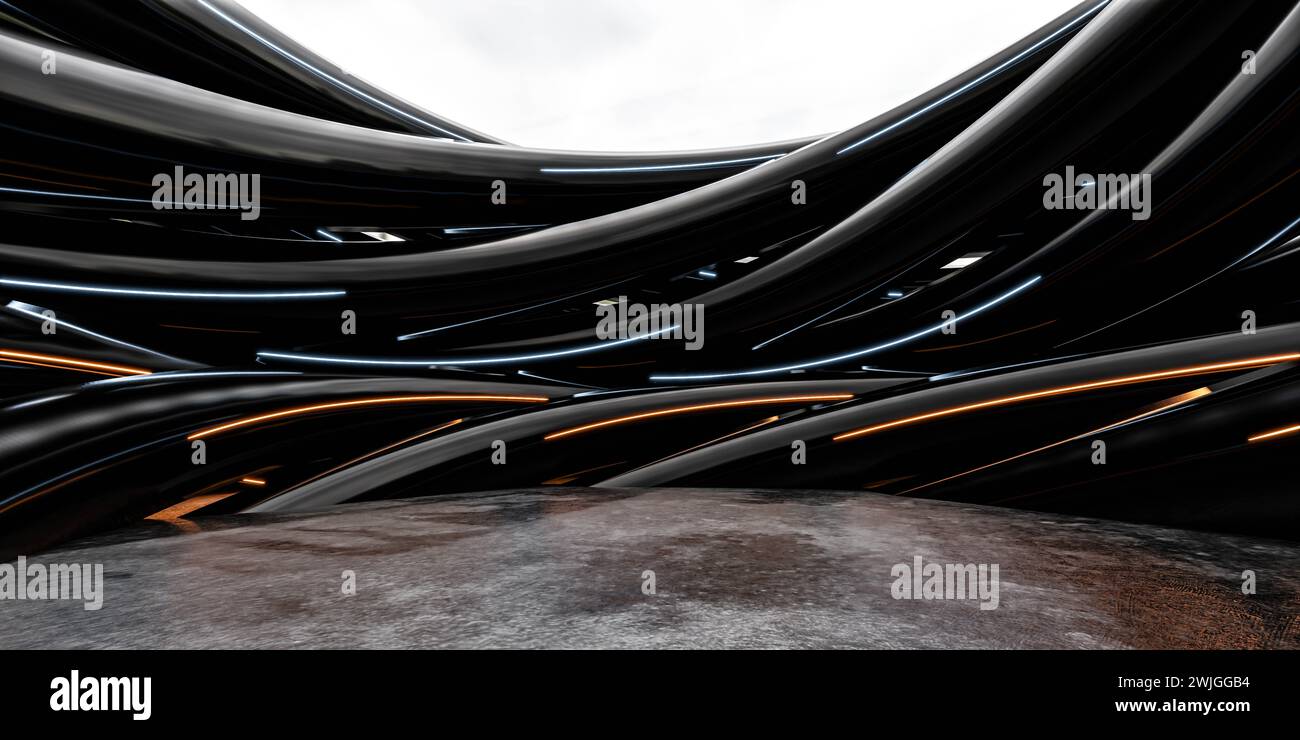 Abstract View of Dark Curved Structures With Golden Accents in abstract ...