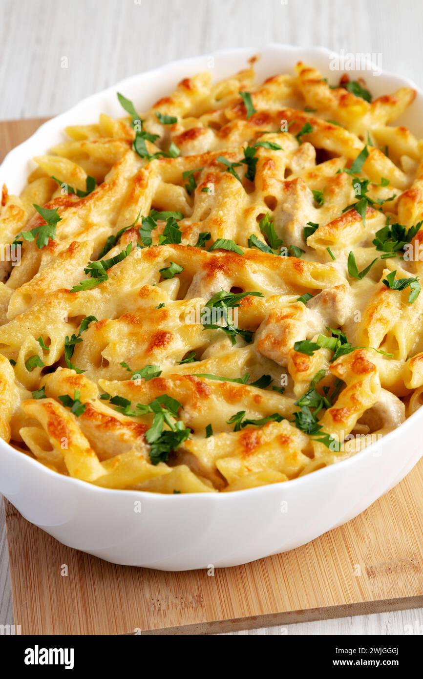 Homemade Cheesy Chicken Alfredo Pasta Bake in a Dish, side view Stock ...