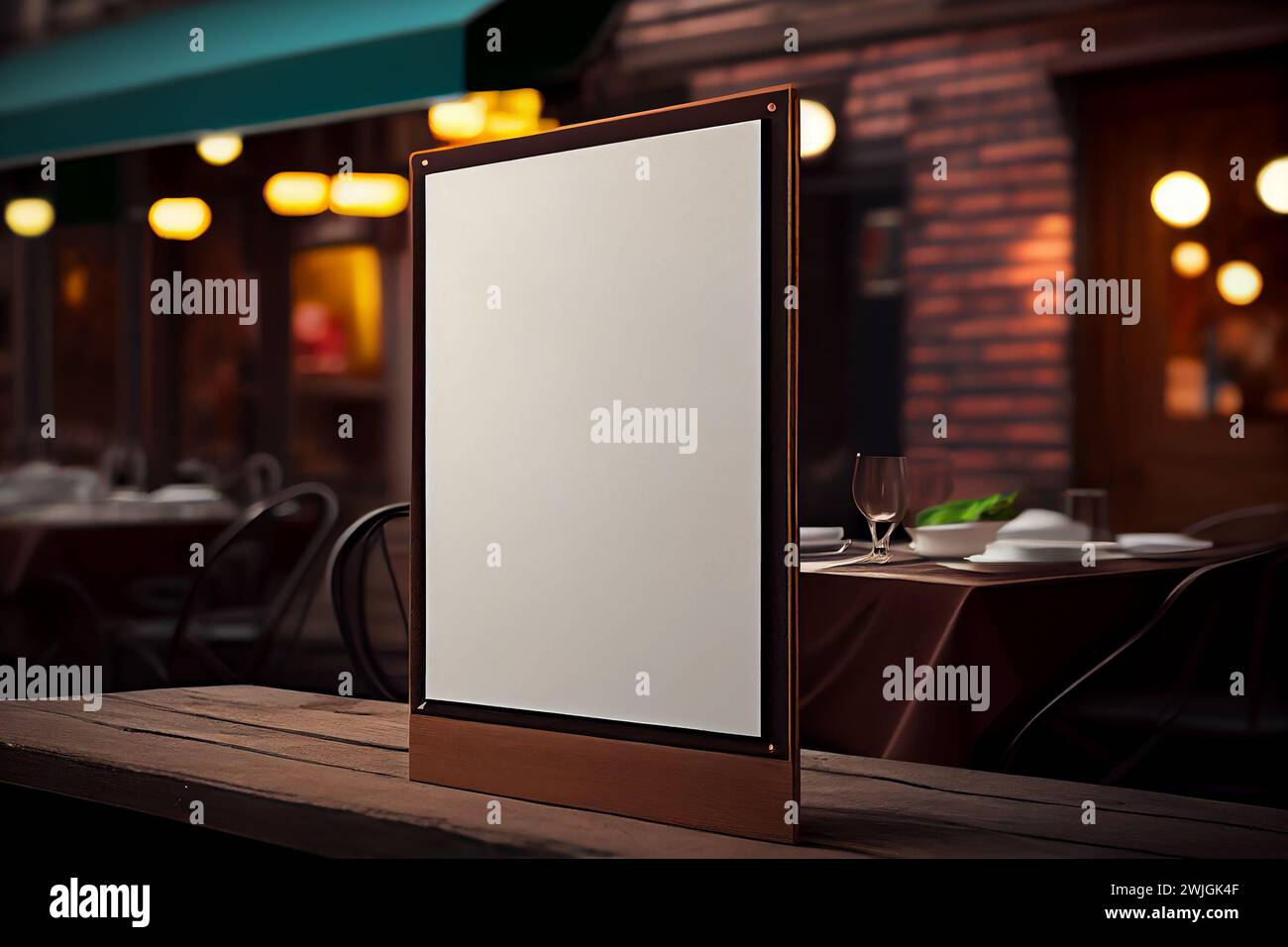 Mockup label, blank menu frame in Bar restaurant. Stand for booklets ...