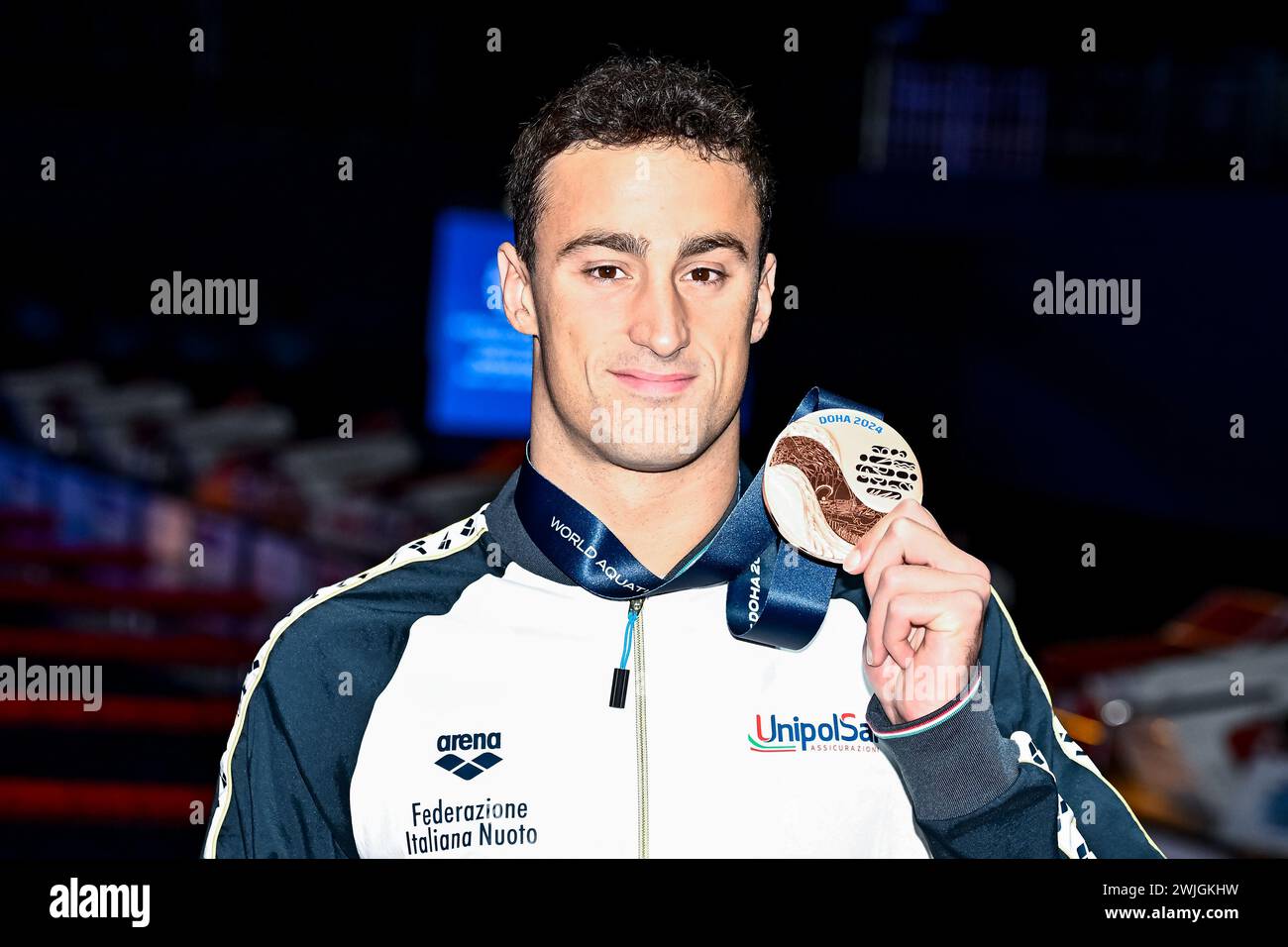 Doha, Qatar. 15th Feb, 2024. Alberto Razzetti of Italy shows the bronze ...
