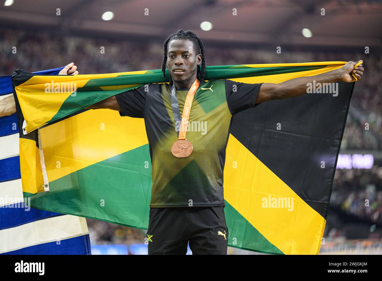 Tajay GAYLE celebrating his medal with the flag in the Budapest 2023 ...